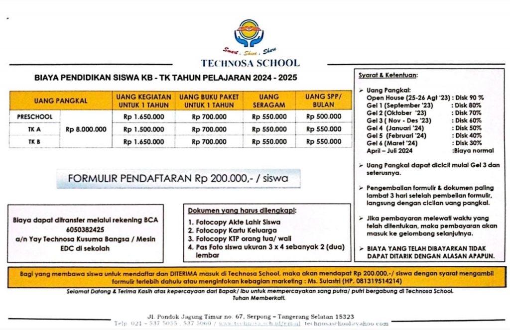 Biaya Pendidikan Siswa KB-TK Tahun Pelajaran 2024-2025 | TECHNOSA
